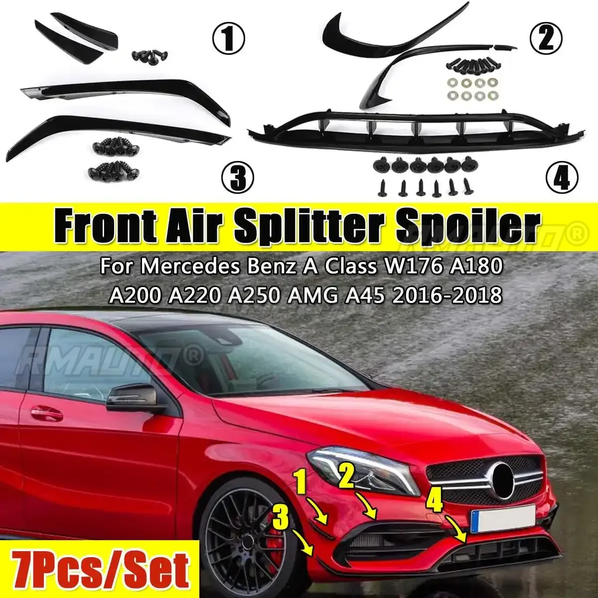 7PCS Front Lip Spoiler with Side Splitter Canards For Mercedes For Benz ...