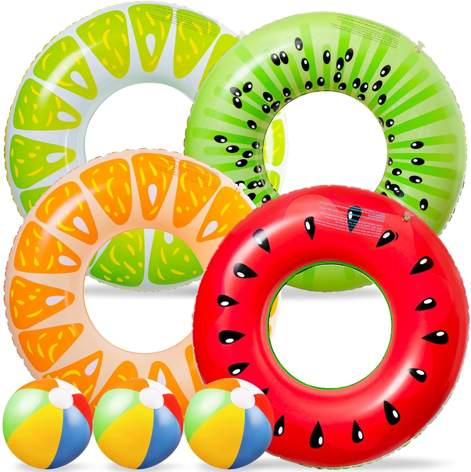 7PCS Fruit Pool Floats: Watermelon Kiwi Orange Lemon Swimming Rings ...