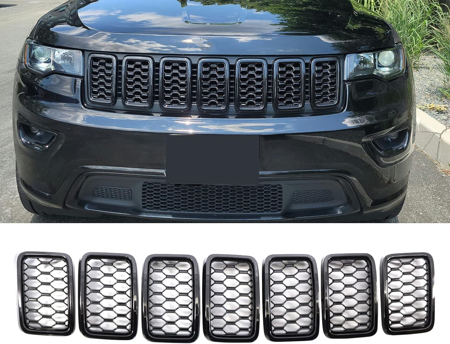 7PCS Gloss Black Honeycomb Mesh Front Grill Inserts Trim Rings kits ...