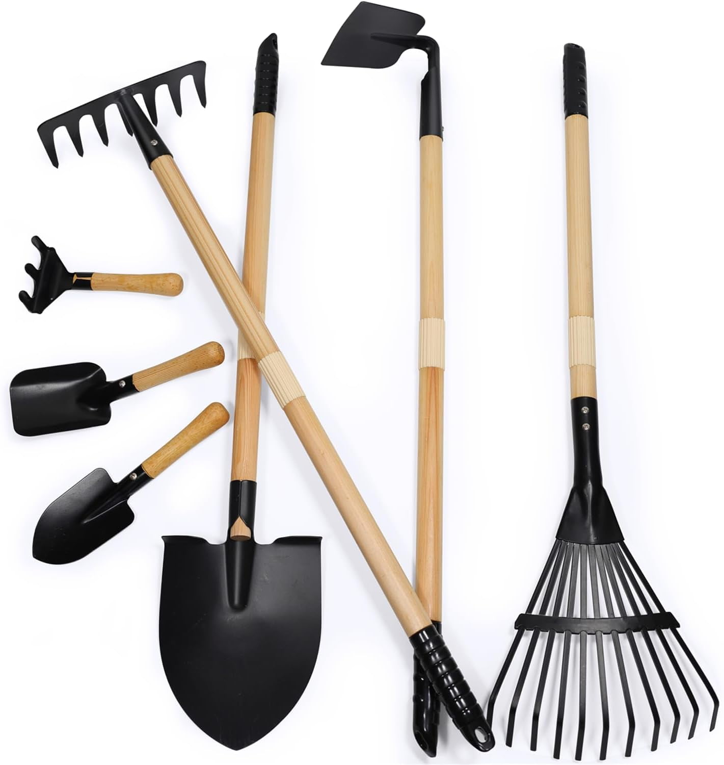 7PCS Kids Gardening Tools, Long Shovel, Rake for Leaves, Spade, Hoe ...