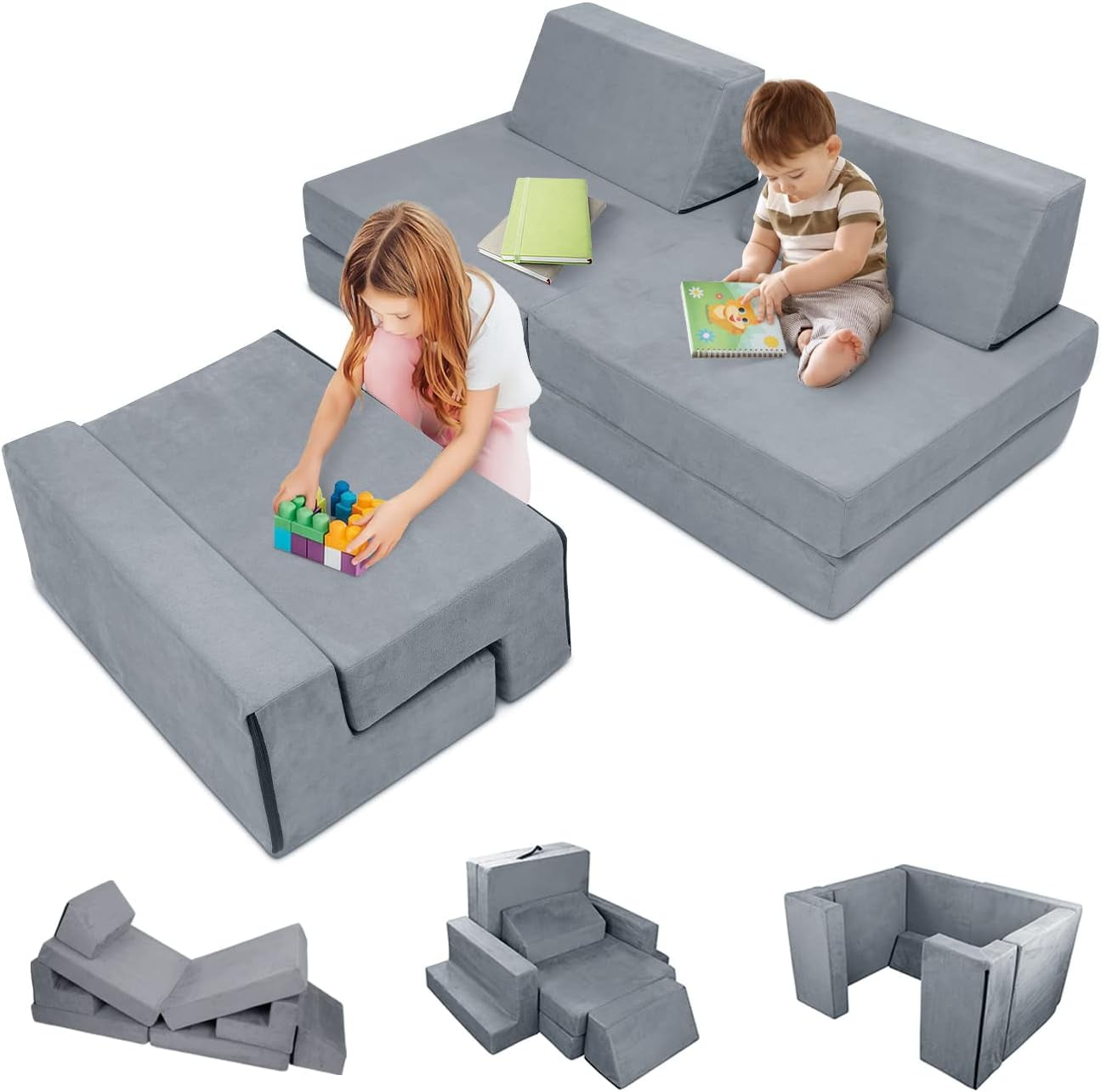 7PCS Kids Play Couch, 2024 Premium Modular Kids Play Couch for Toddler Child, Kid Foam Sofa for ...