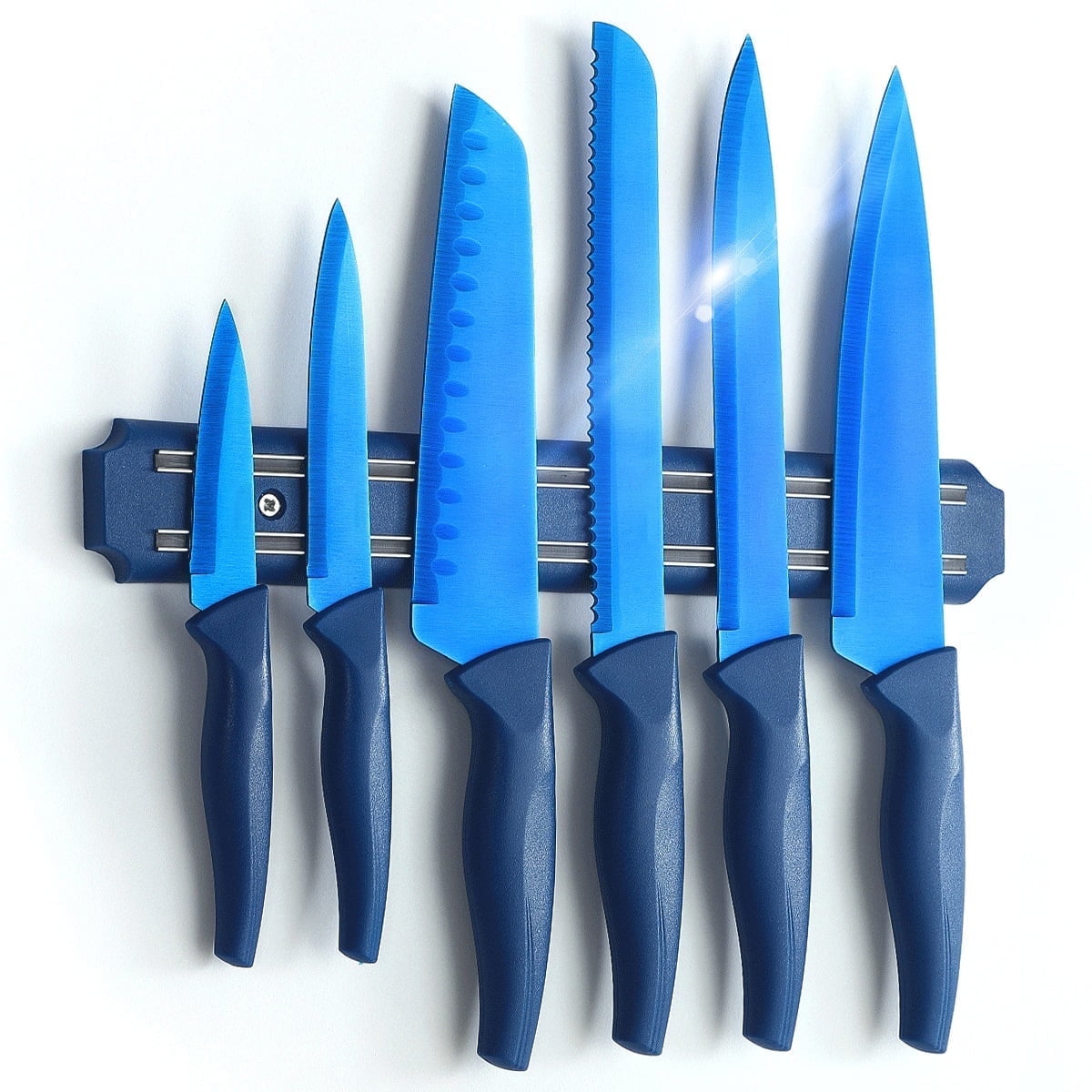 7PCS Matte Blue Titanium Stainless Steel Knife Set with Magnetic Strip ...