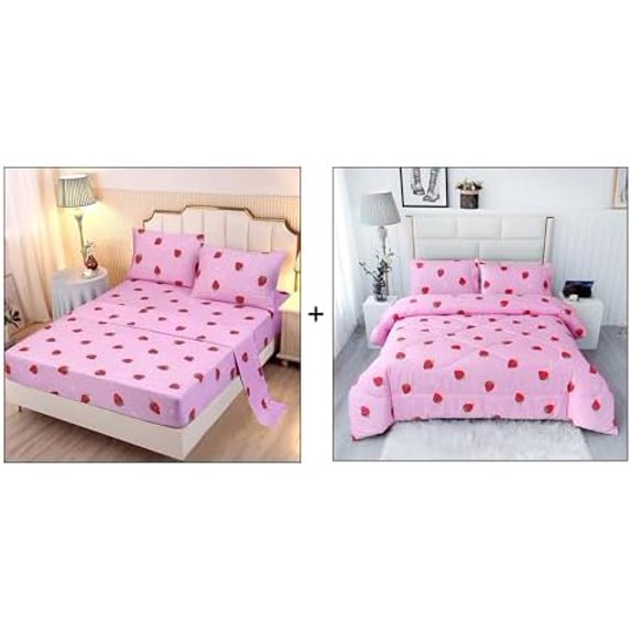 7PCS Queen Size Strawberry Bed Sheets and Comforter Set, Pink Bed Set ...