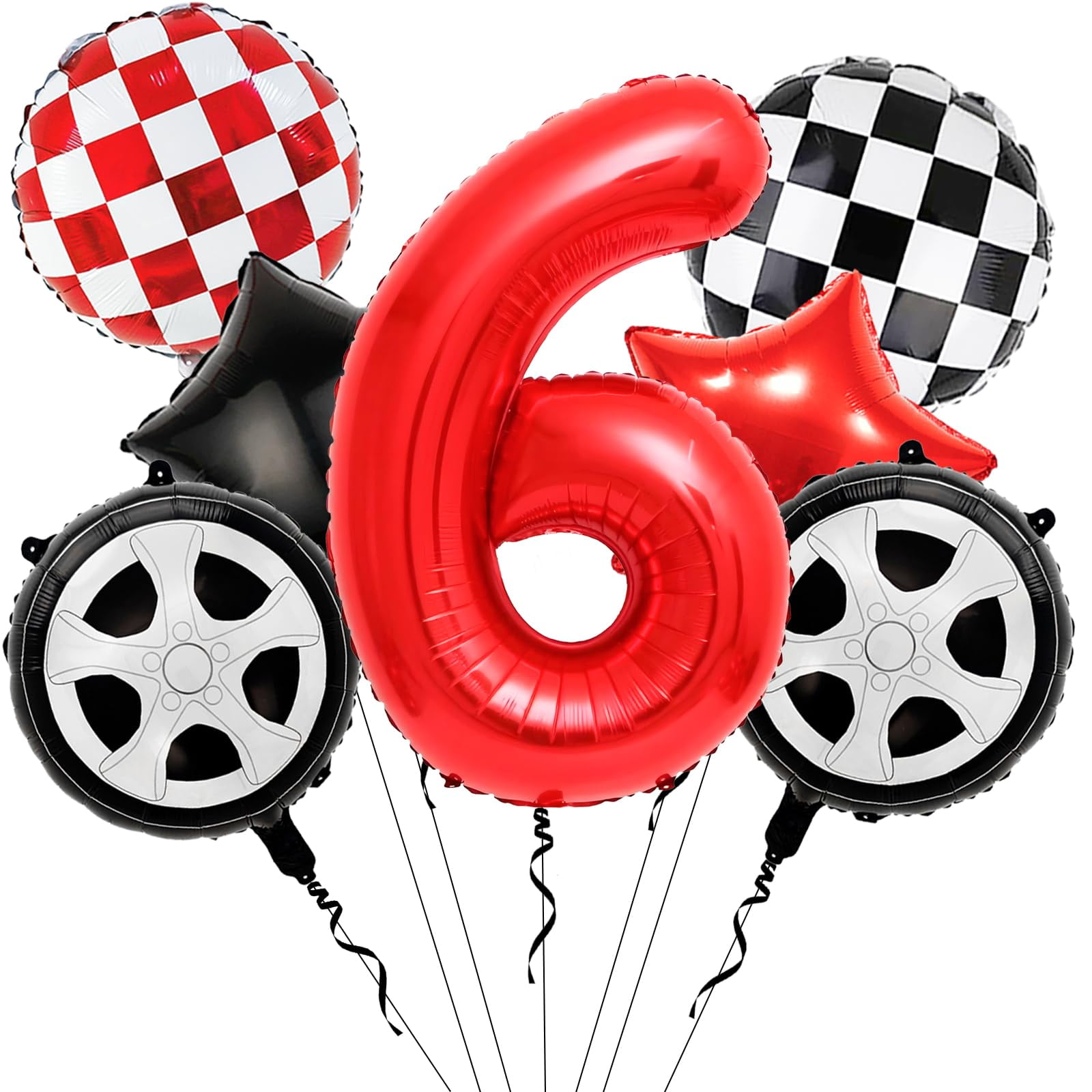 7PCS Race Car PriNst Balloons - 40 Inch Red Number 6 Balloons - Black ...