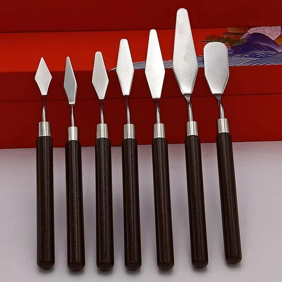 7PCS Watercolor Mixed Art Oil Painting Scraper Set Wood Stainless Steel ...