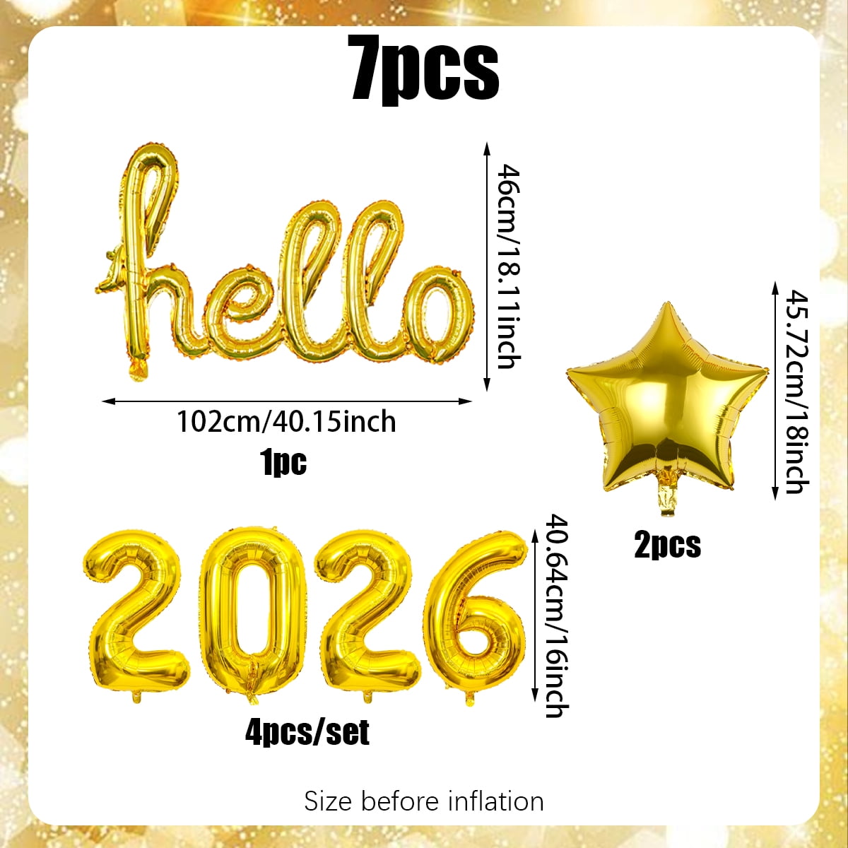 7PCS/set Hello 2026 Gold Foil Balloons Set, Conjoined Letters & Numbers ...