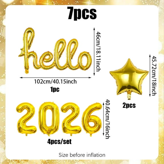 7PCS/set Hello 2026 Gold Foil Balloons Set, Conjoined Letters & Numbers ...
