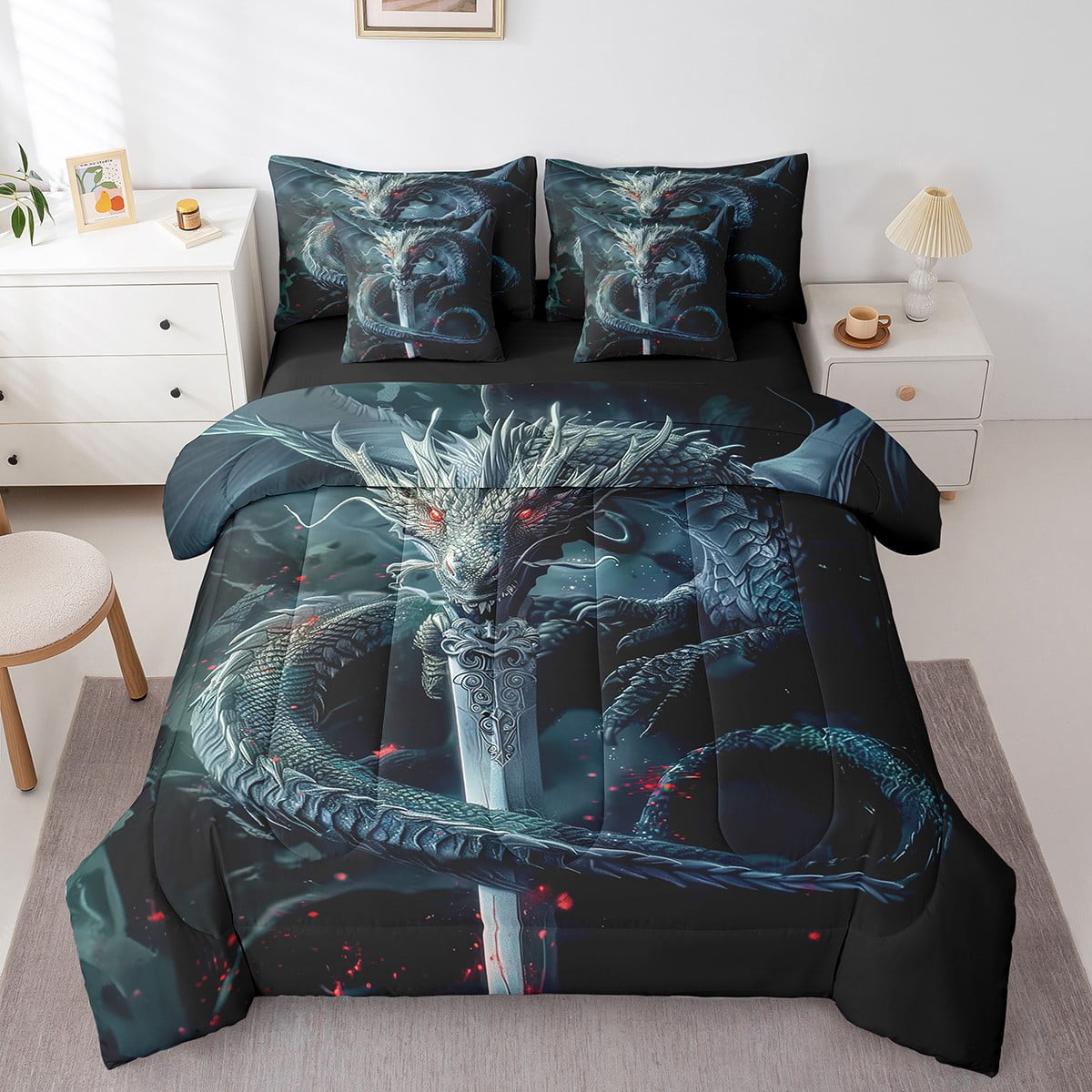7Pcs 3D Dragon Comforter Set Sword Dragon Bedding Queen,Cool Animal ...