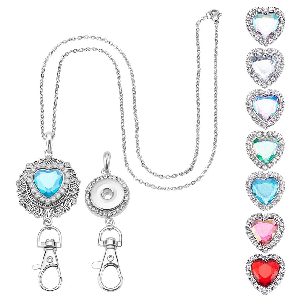 7Pcs 7 Colors Alloy Rhinestone Snap Buttons Heart with 2Pcs Keychains ...