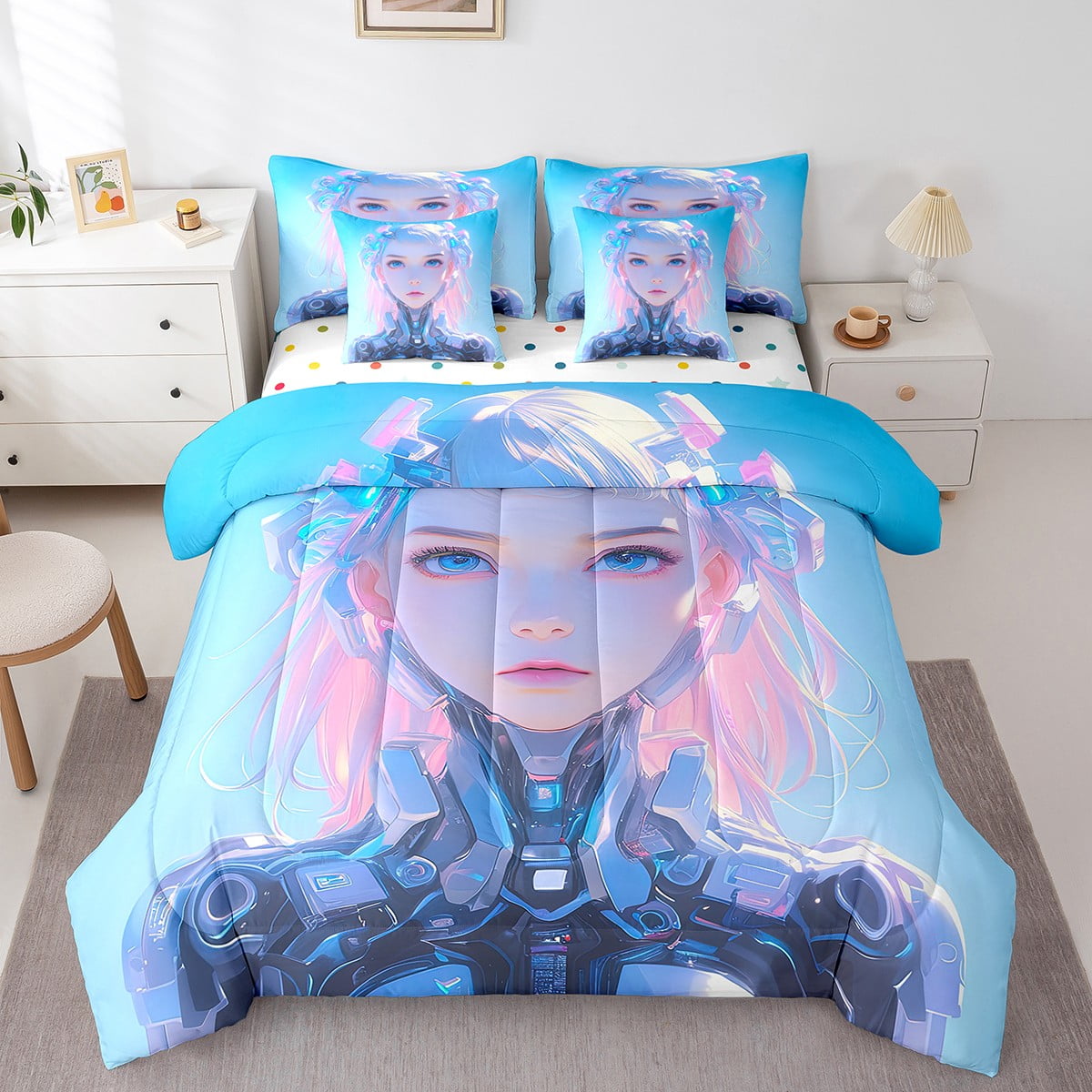 7Pcs AI Girl Bedroom Comforter With Sheets, Mechanical Robot Bedding ...