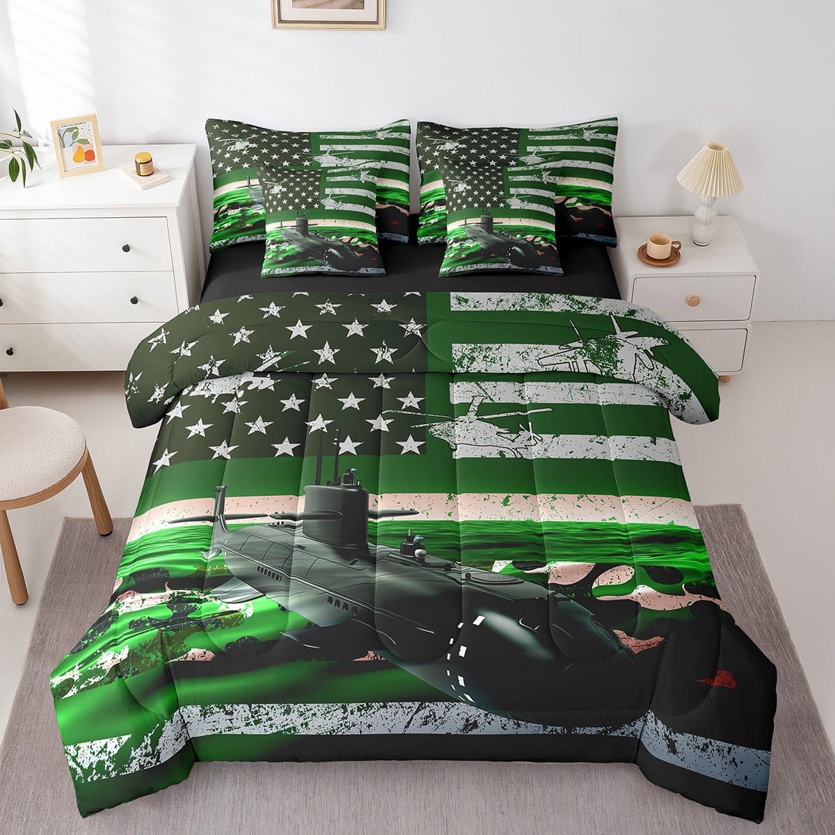 7Pcs American Flag Bedding King, Retro Camo Aircraft Comforter Set ...