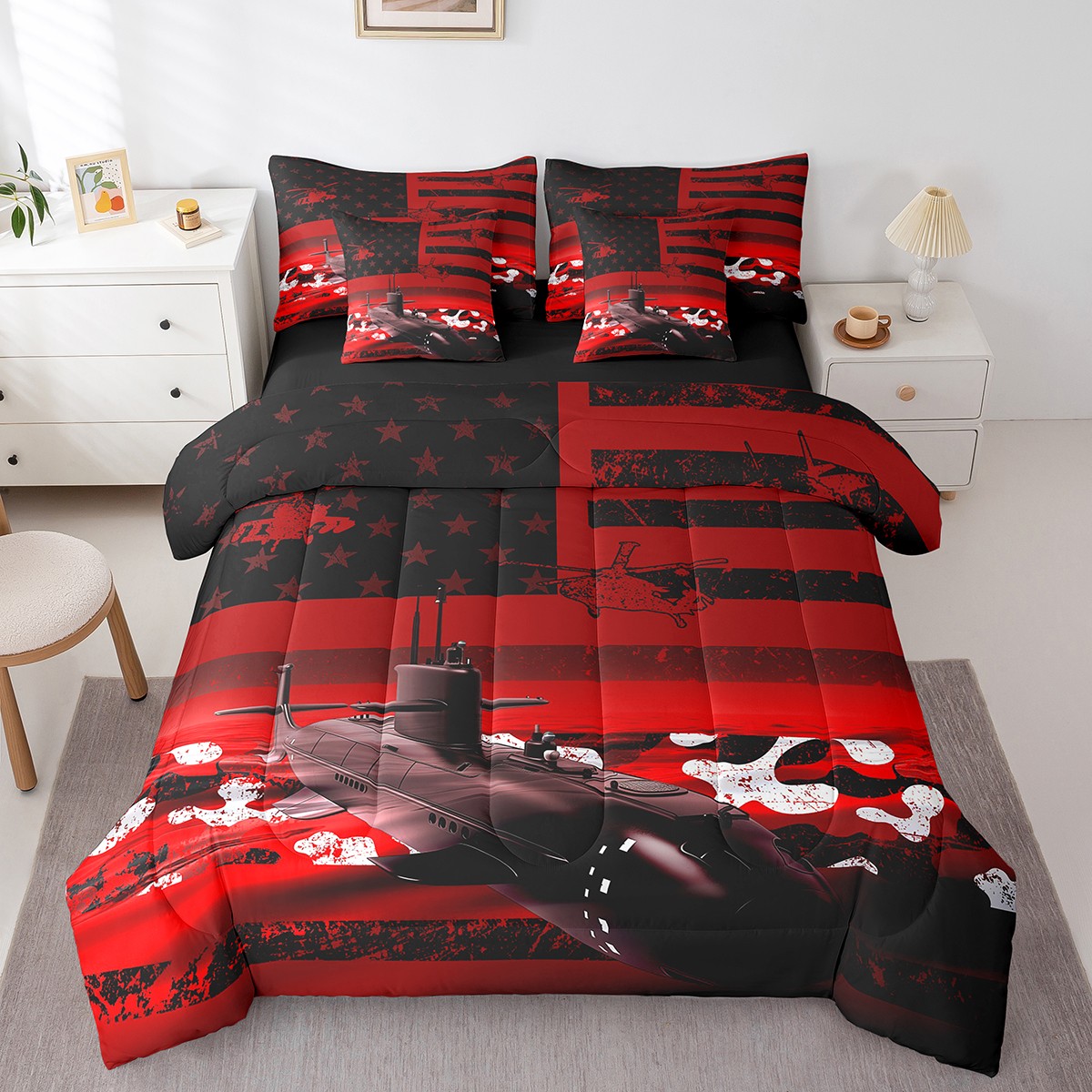 7Pcs American Flag Full Comforter Set Camo Aircraft Bedding Setst With ...