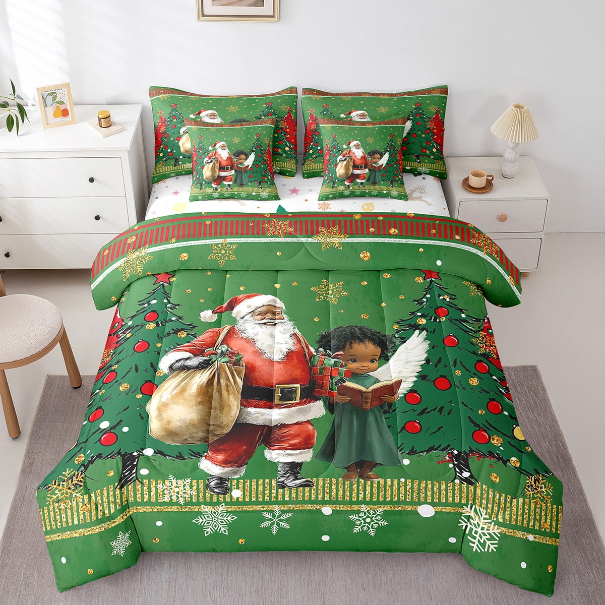7Pcs Black Santa Christmas Decorations Bedding Set Full, Xmas Tree ...