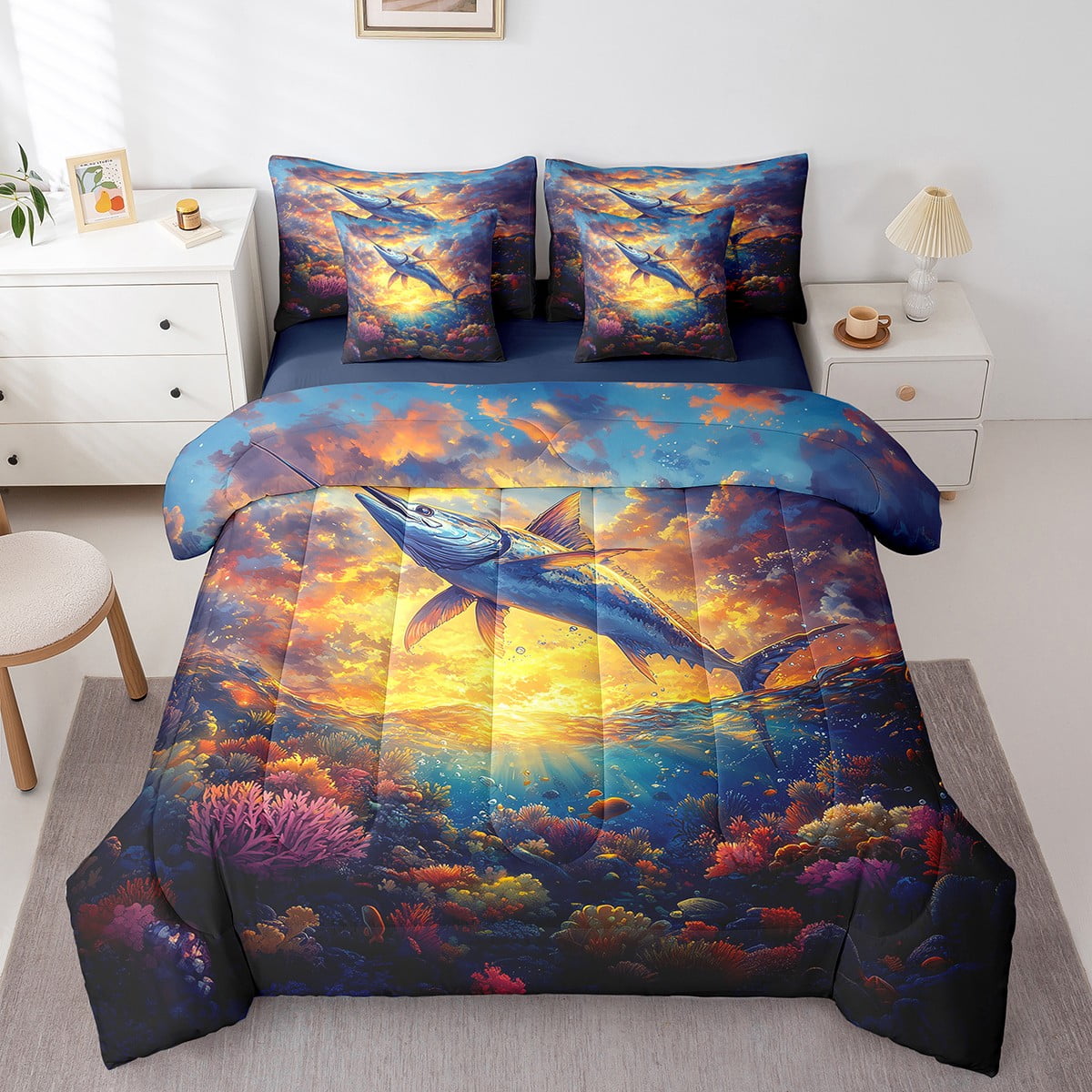 7Pcs Blue Big Pike Fish Comforter Set Queen Hunting Fish Themed Bedding ...