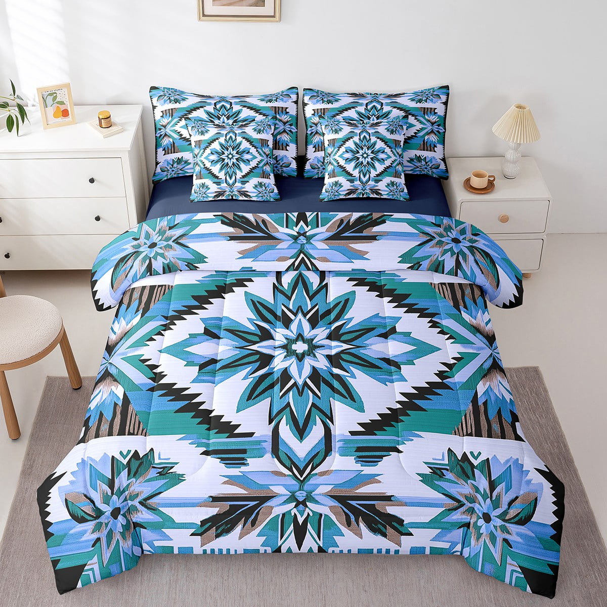 7Pcs Blue Southwestern King Comforter Set,Vintage Bohemian Geometry ...