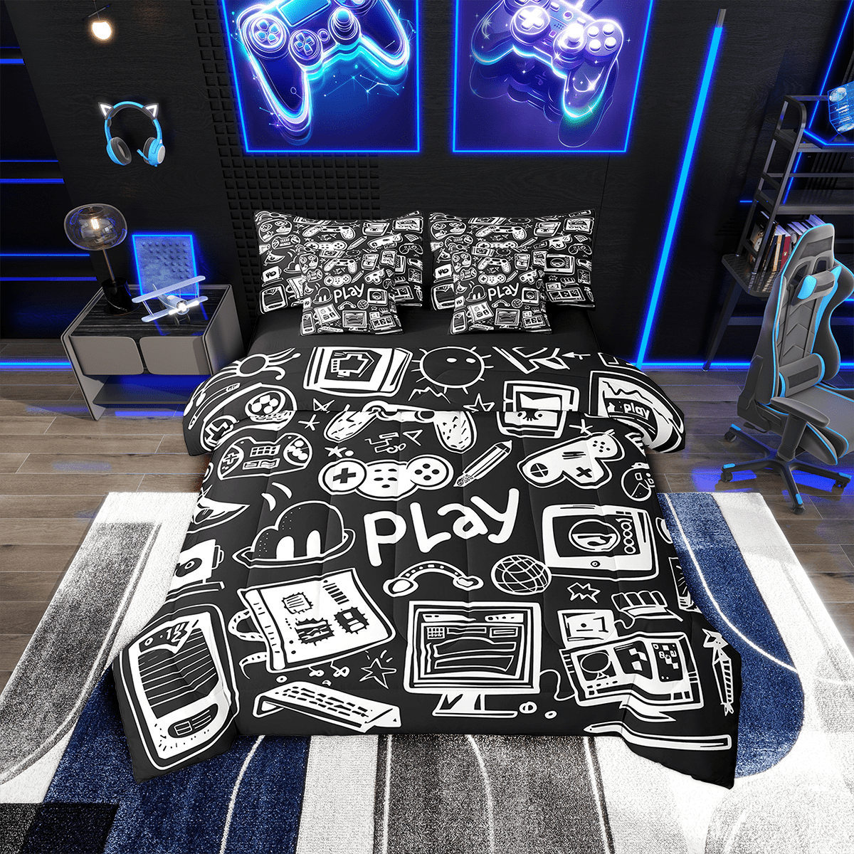 7Pcs Gamer Comforter Set Twin,Gaming Bedding Comforter Set,Gamepad ...