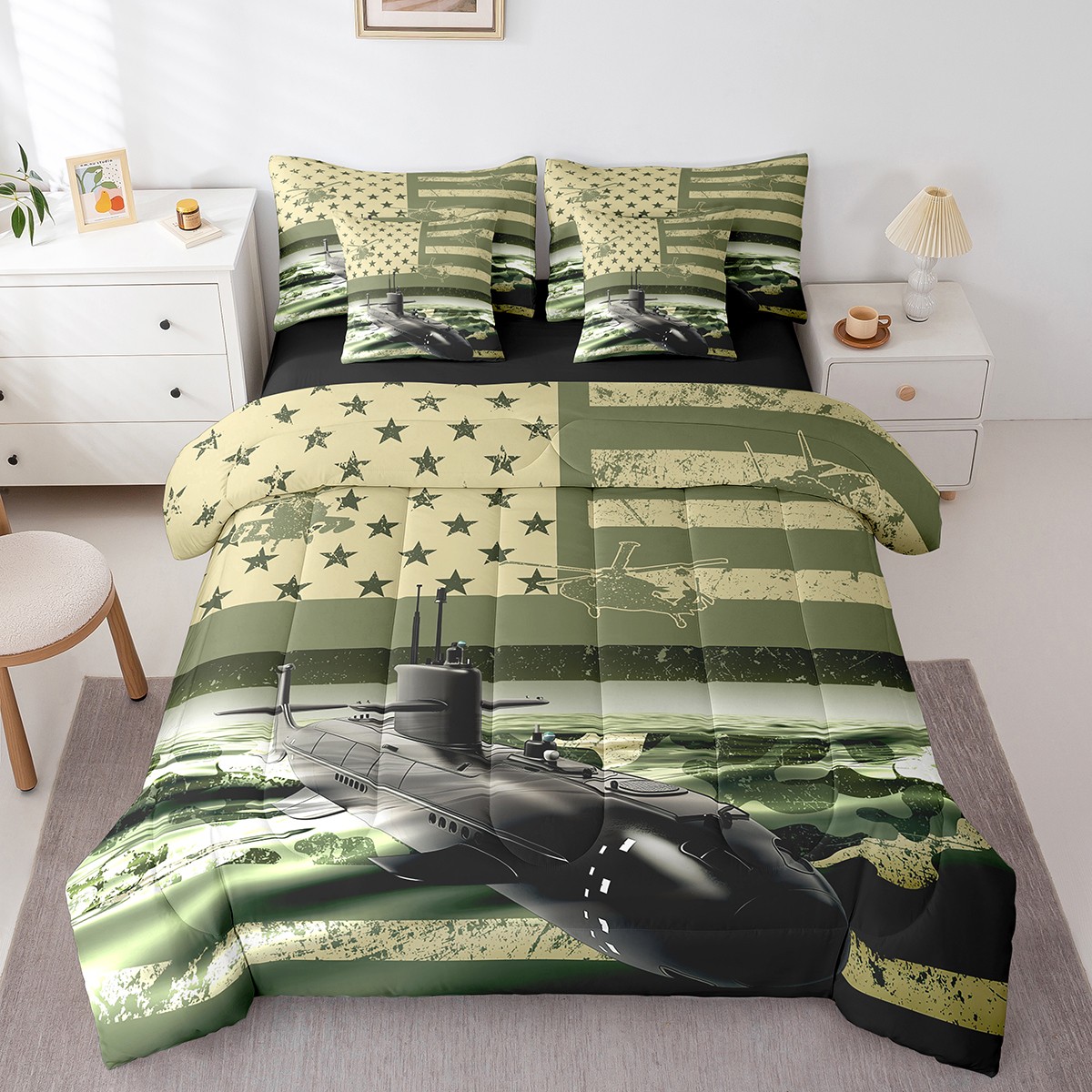 7Pcs Camouflage Aircraft Comforter Set, Green Camo American Flag ...