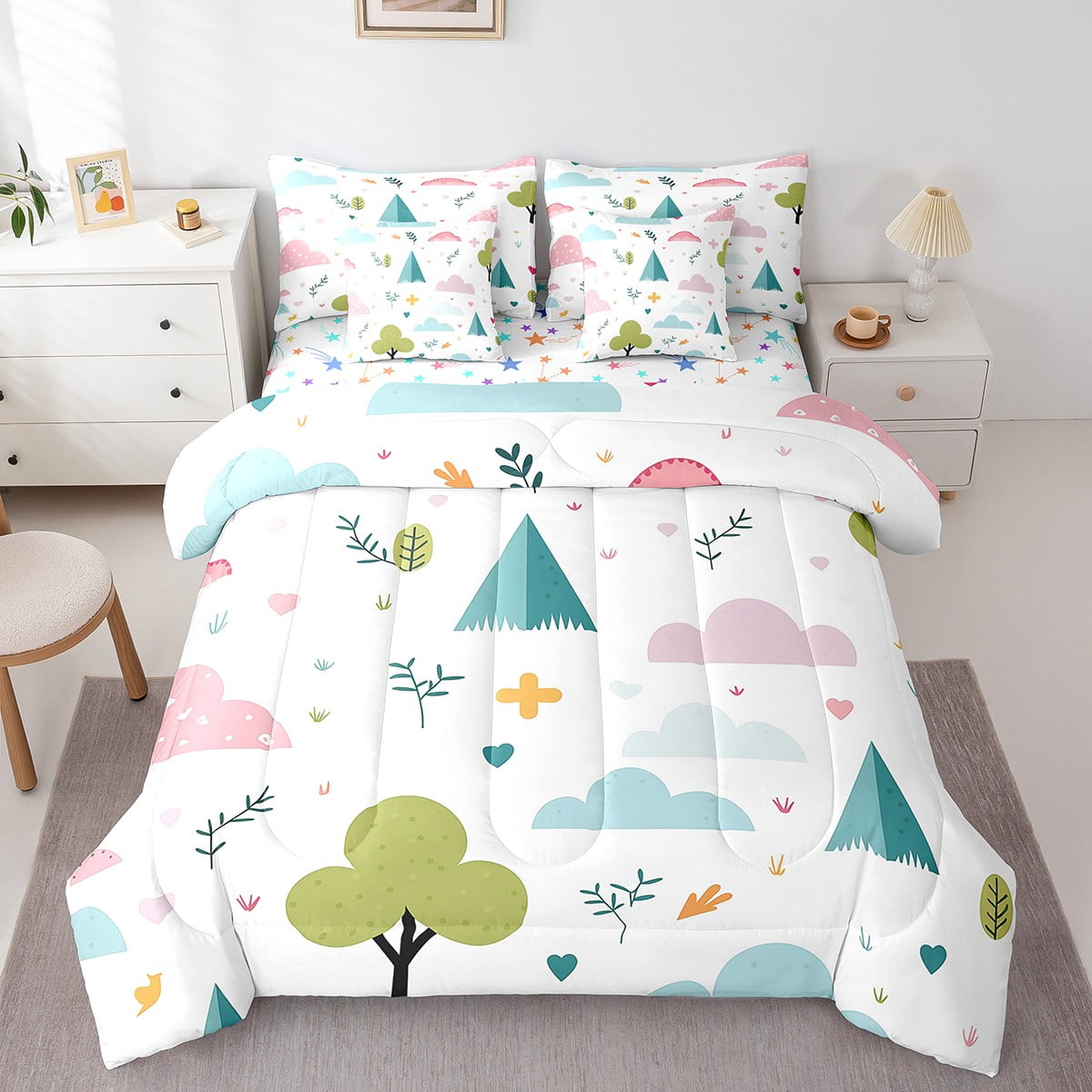 7Pcs Cartoon Bed In A Bag king Size,Cute Cloud Tree Leaf Comforter Set ...