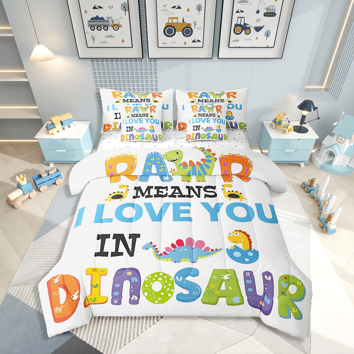 7Pcs Cartoon Dino Comforter Set Queen,Cute Dinosaurs Bedding Comforter ...