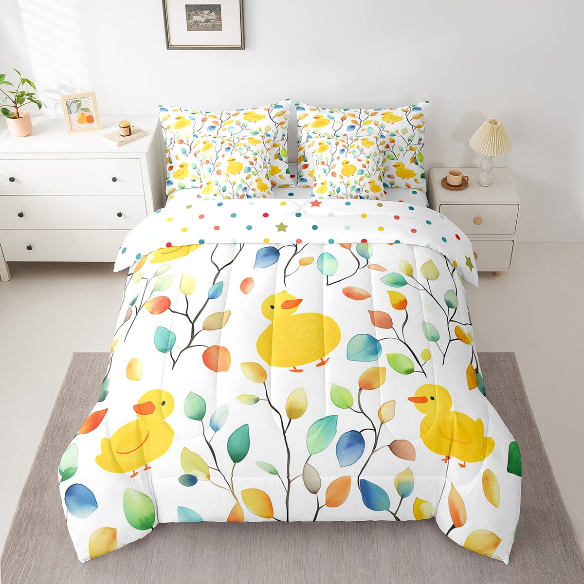 7Pcs Cartoon Duck Bedding Comforter Sets Boho Floral Bed in a Bag ...
