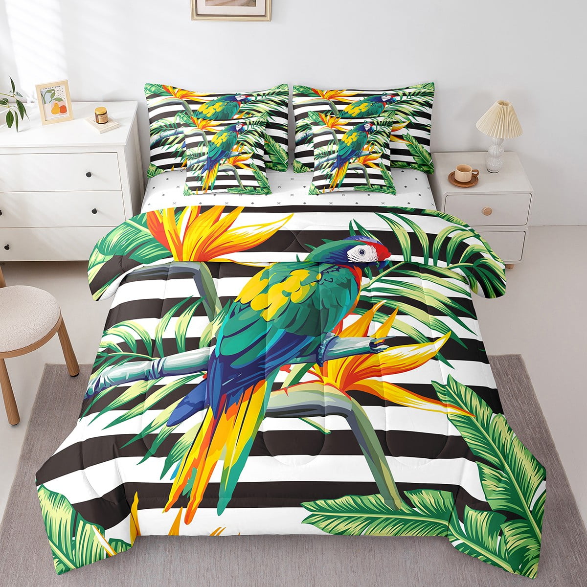7Pcs Cartoon Parrot Comforter Sets Queen, Colorful Animal Comforter Set ...