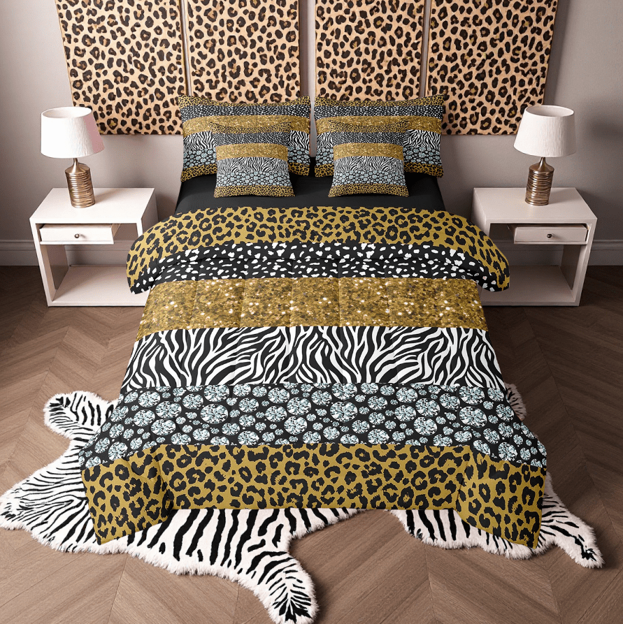 7Pcs Cheetah Print Bedding Sets Twin, Watercolor Yellow Diamond Glitter ...