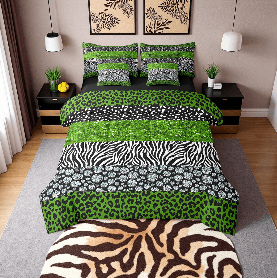 7Pcs Cheetah Print Comforter Set Watercolor Green Diamond Bedding Queen ...