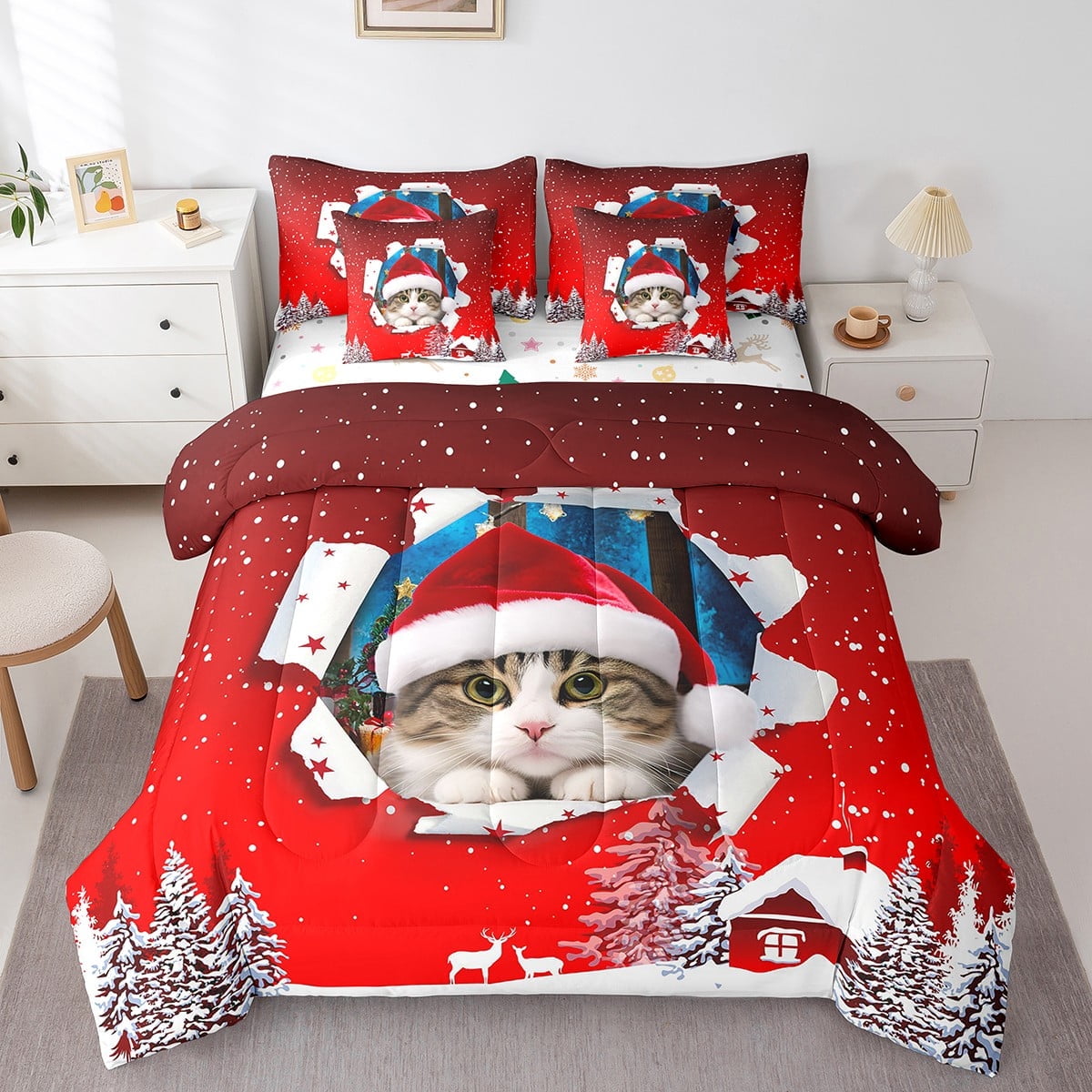 7Pcs Christmas Cat Comforter Set Cartoon Cat Print Bedding With Sheets ...