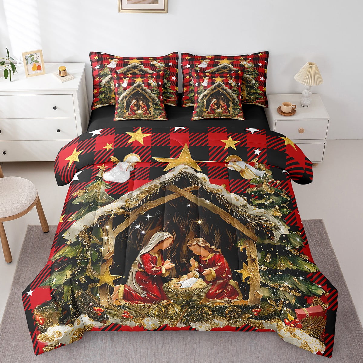 7Pcs Christmas Decor Bedding Set Holy Night Comforter Sets Jesus ...