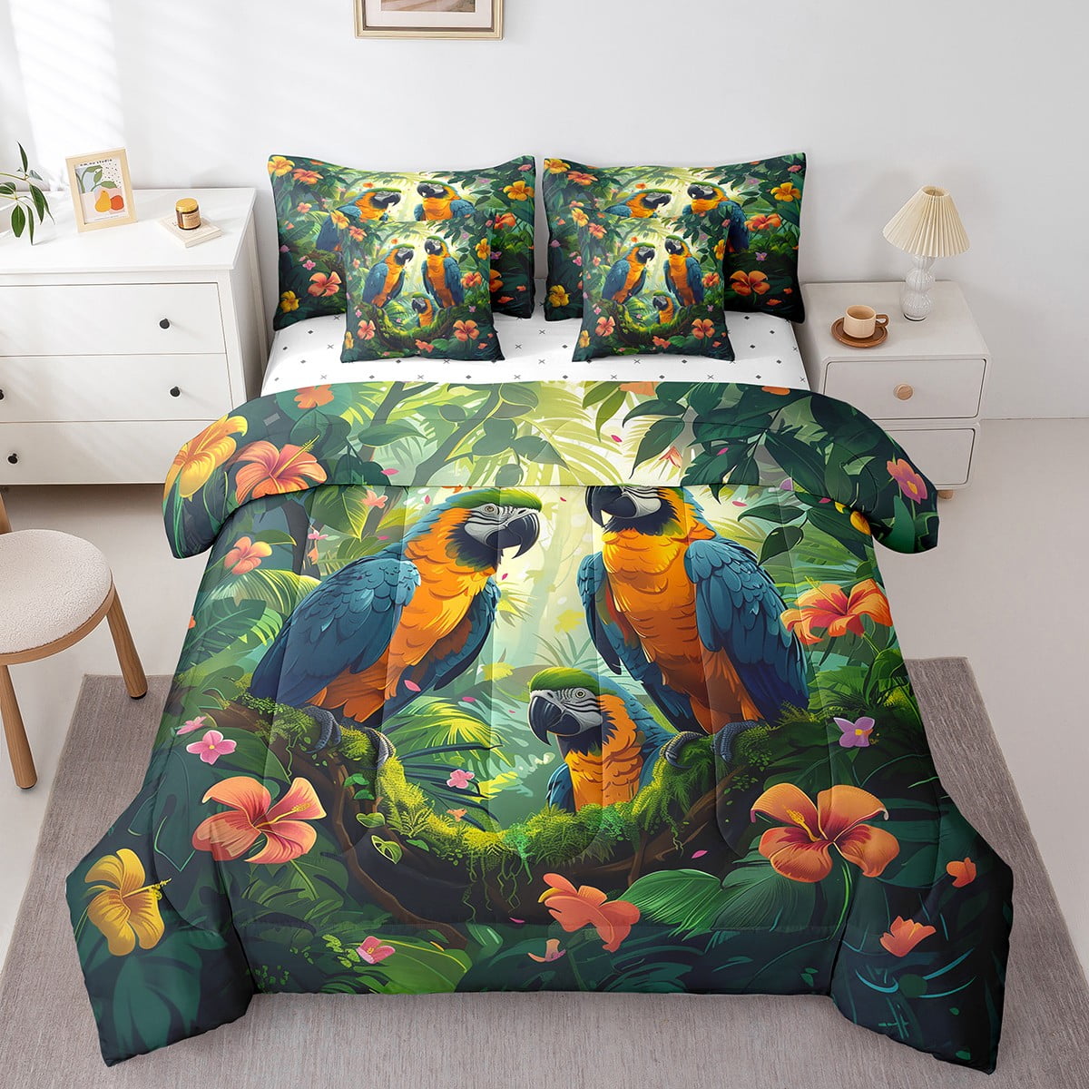 7Pcs Colorful Parrot Bedding Queen Size Bed In A Bag, Watercolor Animal ...
