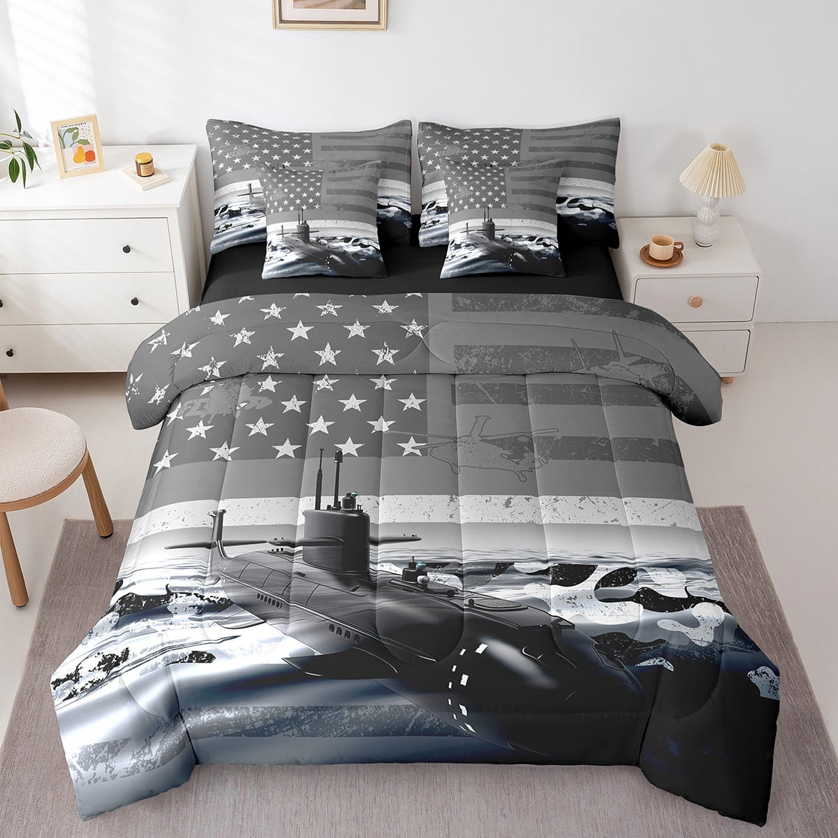 7Pcs Cool Aircraft Comforter Set, Camo American Flag Bedding Queen Size ...