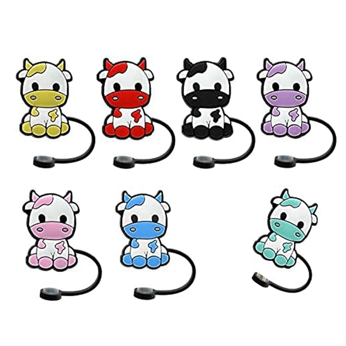 7Pcs Cow Straw Covers Cap, Dust-Proof Reusable Cap Cute Protector Cover ...