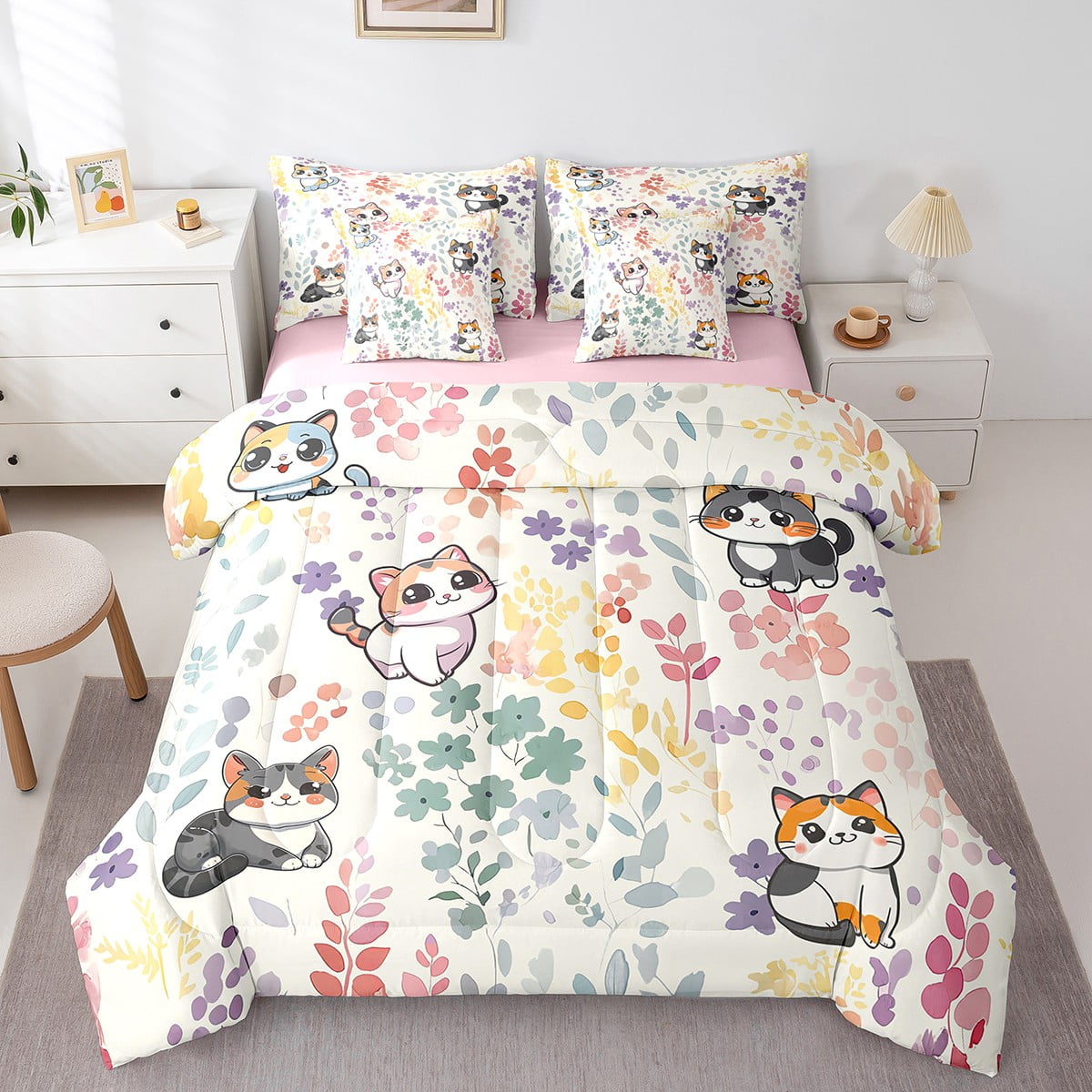 7Pcs Cute Flower Cat Full Comforter Set with Sheets,Colorful Floral ...