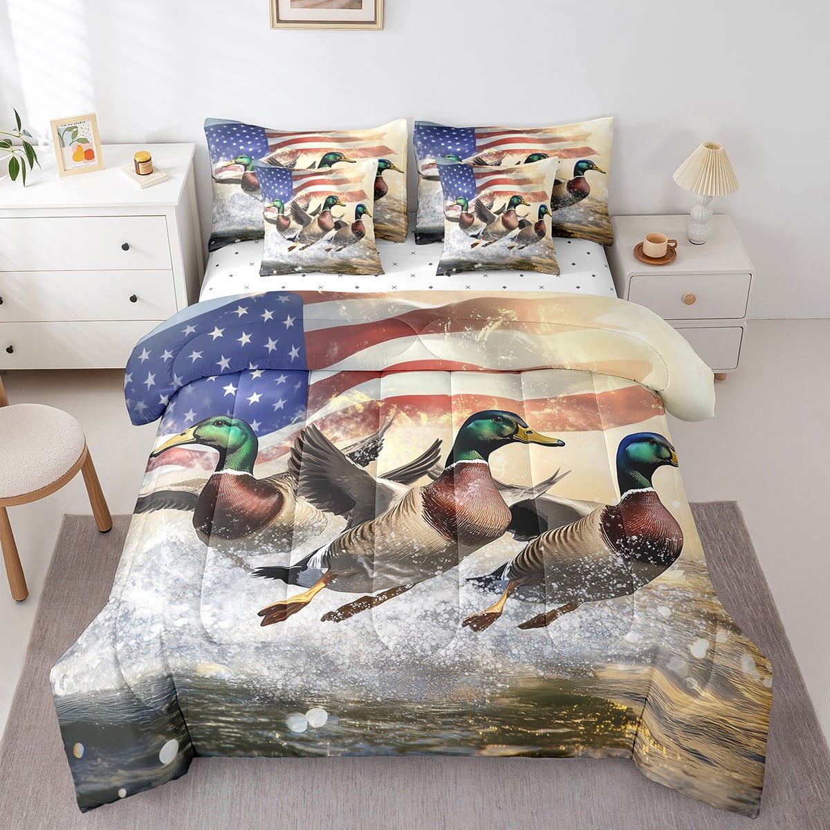 7Pcs Duck Hunting Bedding American Flag Comforter Set Queen Size Mallard Duck Wild Animal ...