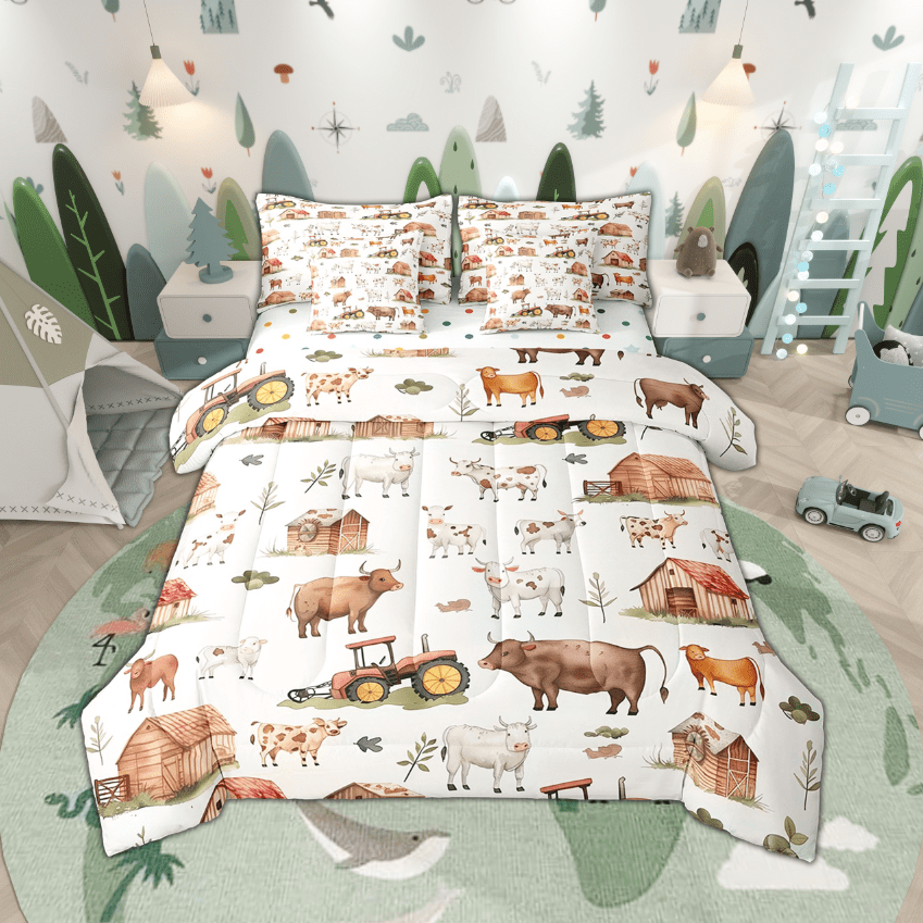 7Pcs Farm Animals King Comforter Set,Countryside Rural Cow Bedding Sets ...