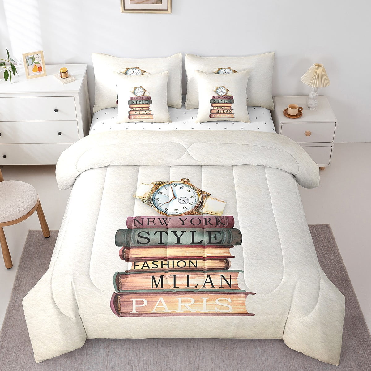 7Pcs Fashion Watch Bedding Queen, Modern Cool Paris Comforter Set Lady ...