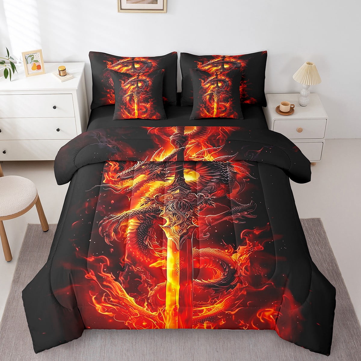 7Pcs Fire Dragon Comforter Set 3D Dragon Theme Bedding Sets Queen Teens ...
