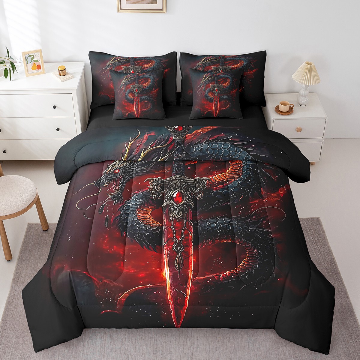 7Pcs Fire Dragon Comforter Set Queen,Sword Theme Dragon Decor Bedding ...