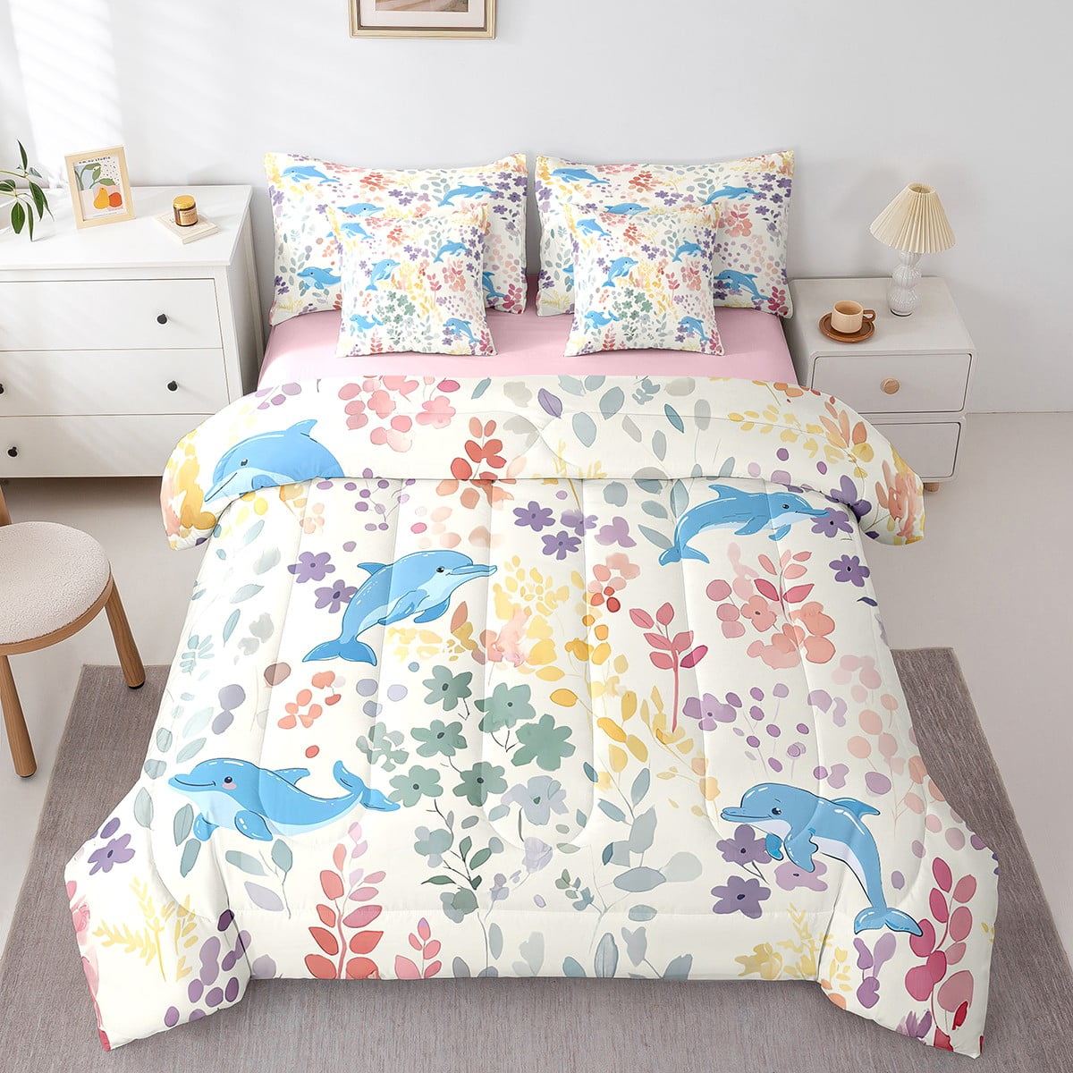 7Pcs Flower Dolphin Full Bedding Set with Sheets,Ocean Life Sea Animal ...