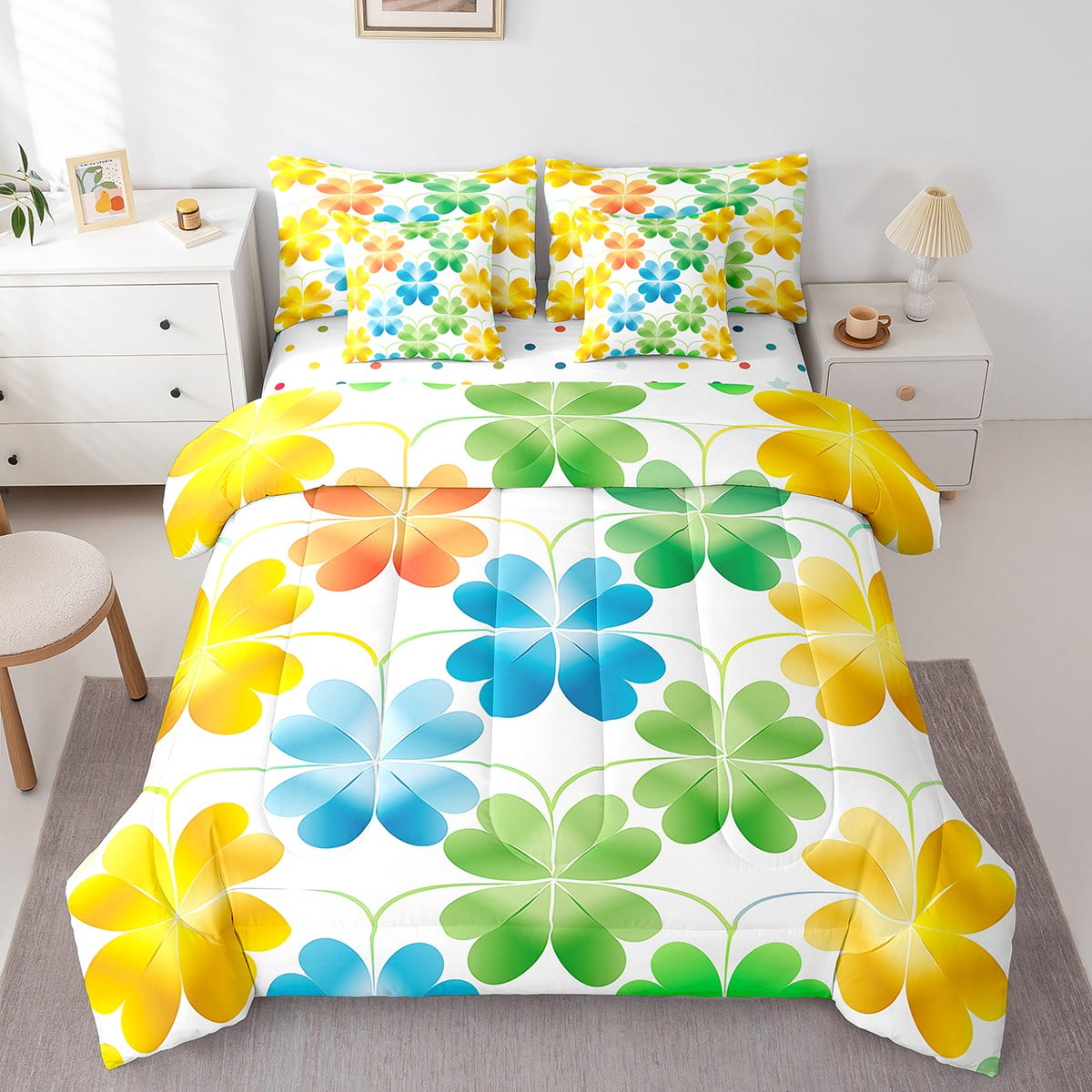 7Pcs Four Leaf Clover Bed In A Bag Twin Size,Colorful Floral Comforter ...