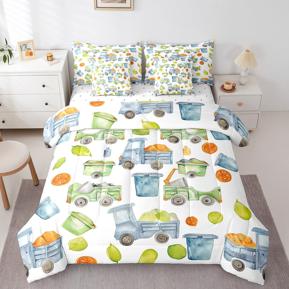 7Pcs Garbage Truck Bedding Bed In A Bag Trash Truck Comforter Set Queen ...