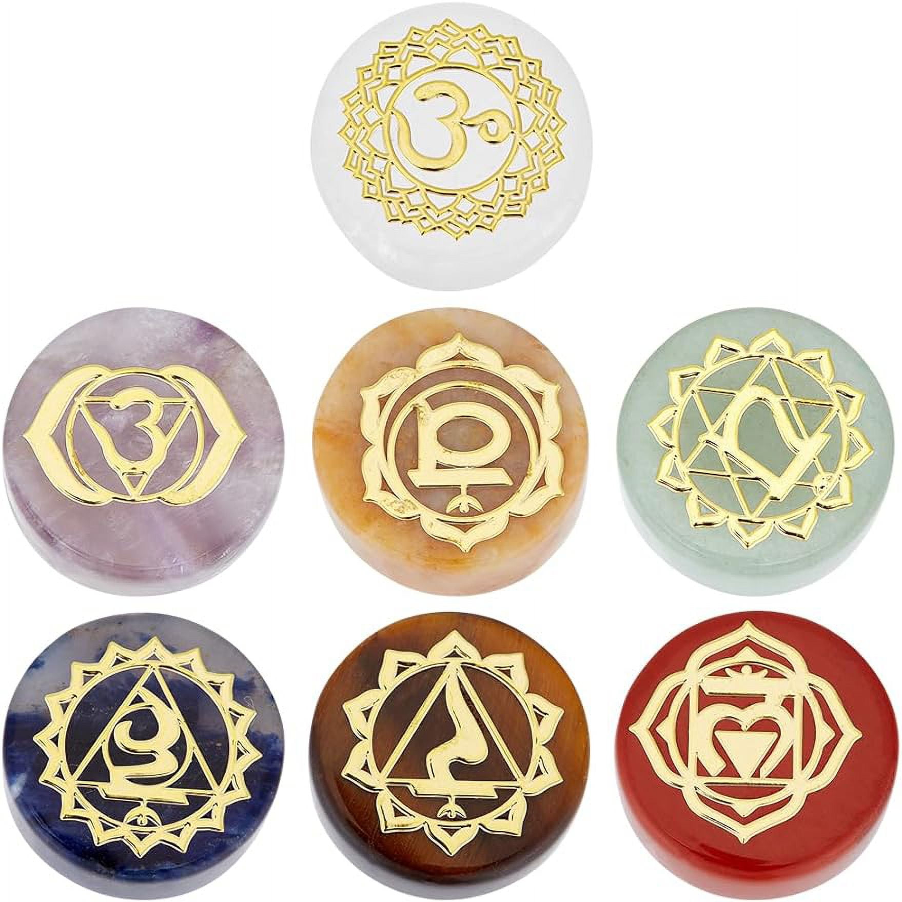 7Pcs Gemstones with Engraved Symboles 16mm Flat Round Chakra Stones ...