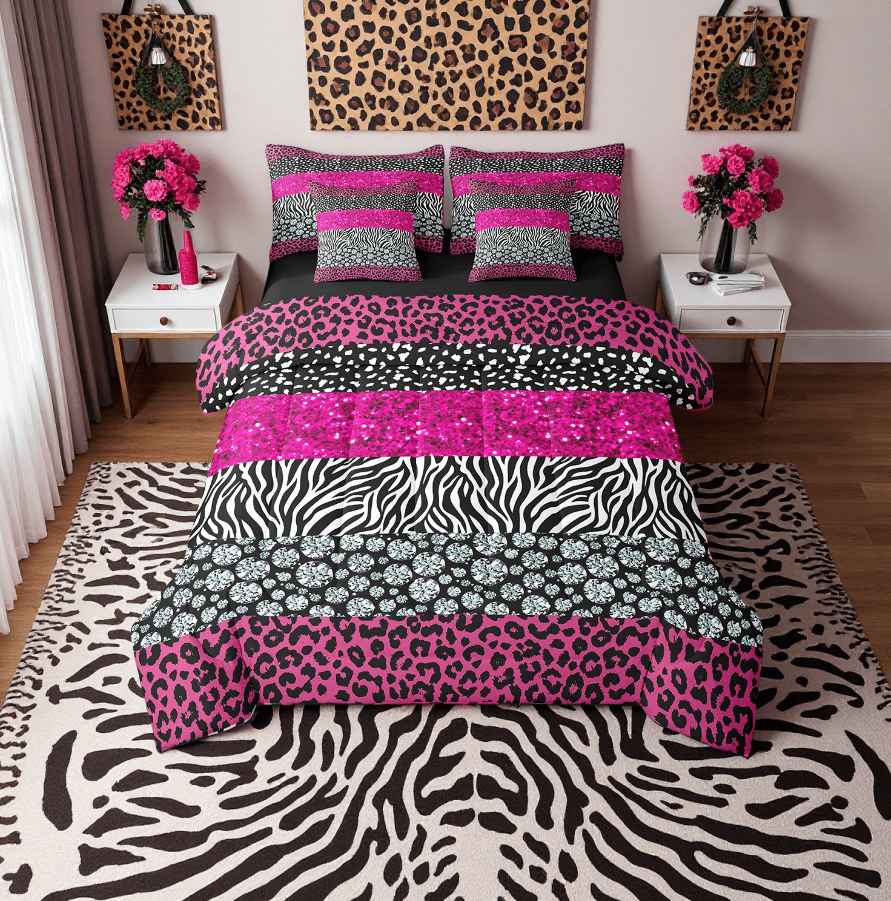 7Pcs Girly Pink Glitter Leopard Print Comforter Set King, Watercolor ...