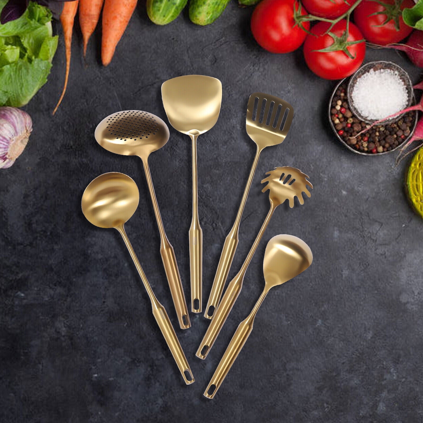 7Pcs Gold Kitchen Utensils Set with Stand 304 Stainless Steel Cooking ...