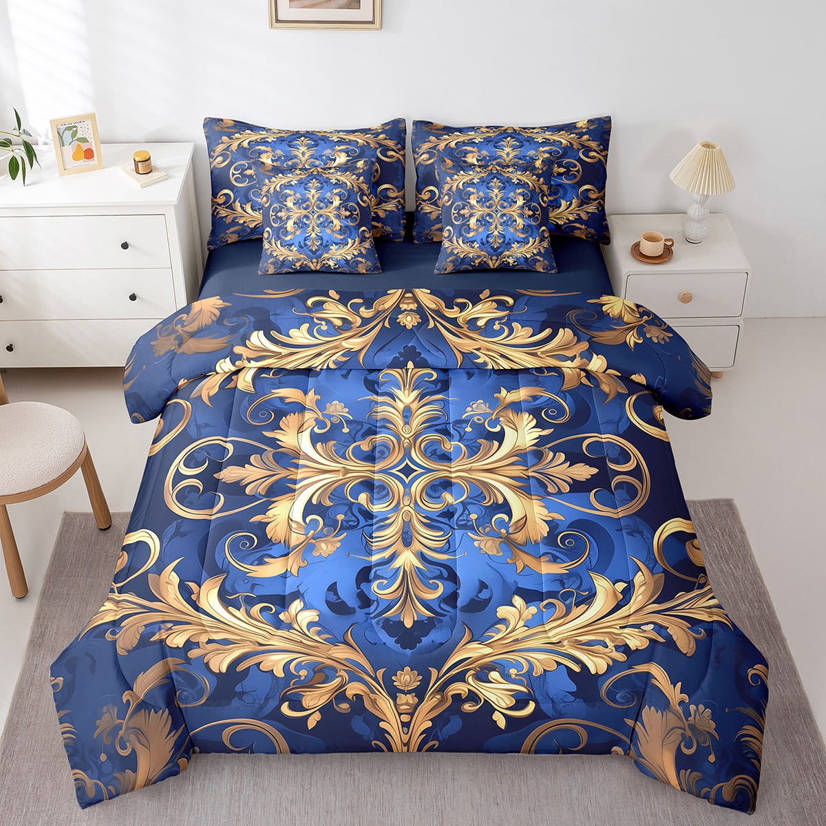 7Pcs Golden Blue Damask Comforter Set Queen,Exotic Vintage Floral ...