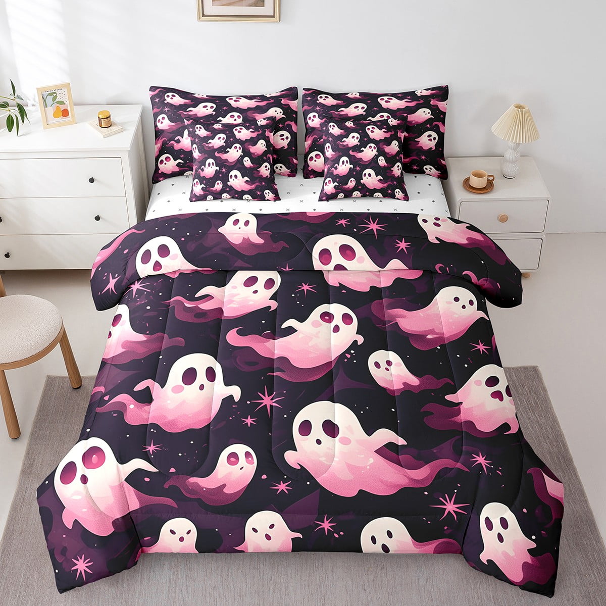 7Pcs Halloween Ghost Decor Comforter Set Twin Size Cartoon Ghost ...