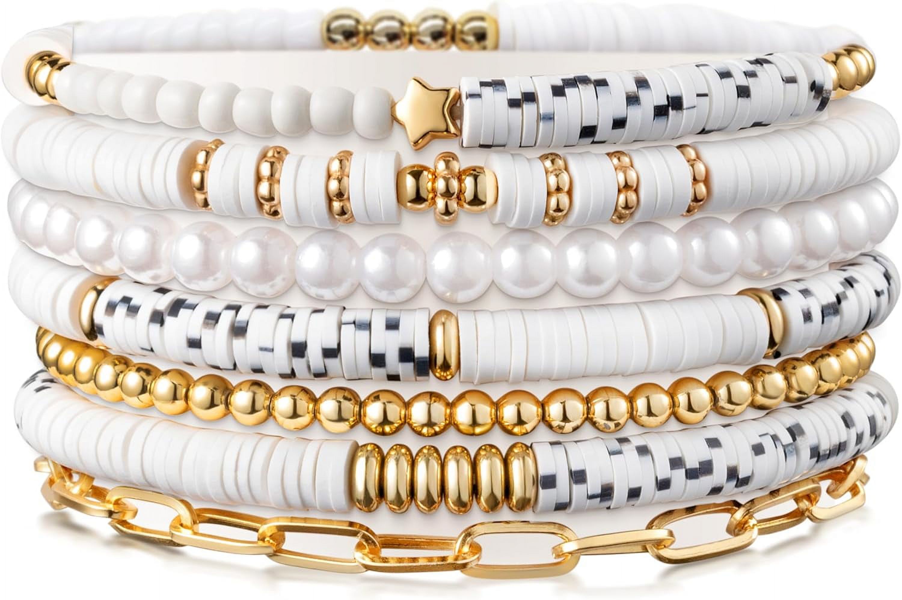 7Pcs Heishi Surfer Bracelets Set Colorful Preppy Smile Evil Eye Beaded Stretch Clay Stackable ...