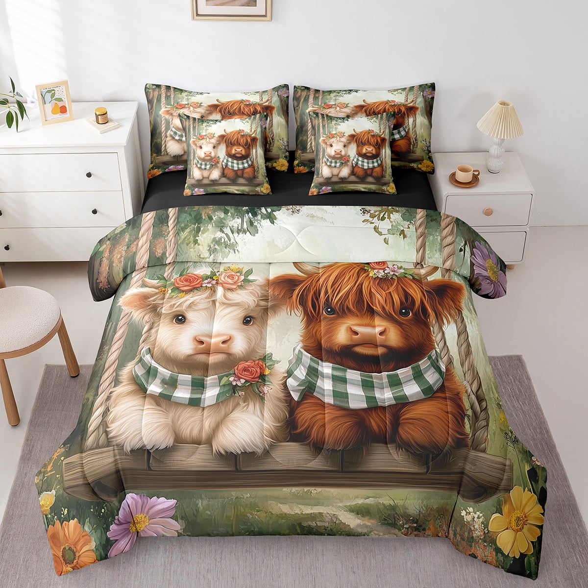 7Pcs Highland Cow Bedding Set s,Twin Size Comforter Set with Sheets and ...