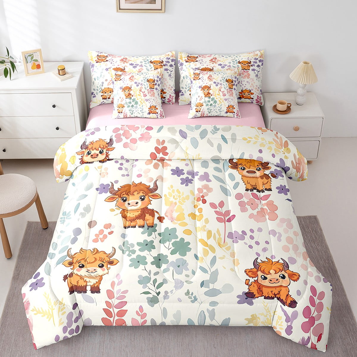 7Pcs Highland Cow Queen Comforter Set with Sheets,Farmhouse Animal Floral Bedding Set,Bull ...