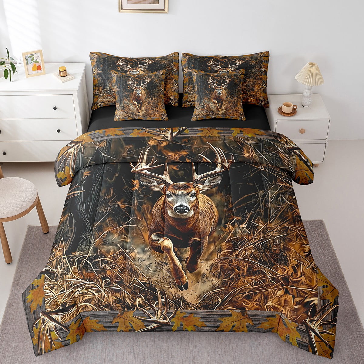 7Pcs Hunting Deer Queen Comforter Set Deer And Branches Bedding For ...